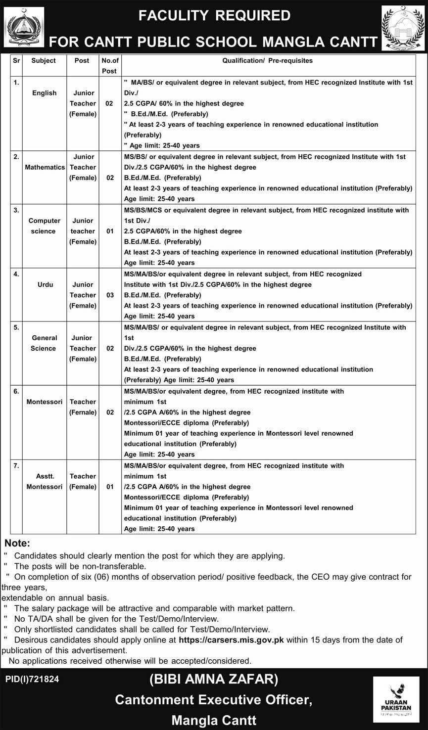 Cantt Public School Jobs 2025 Female Teachers Apply Now