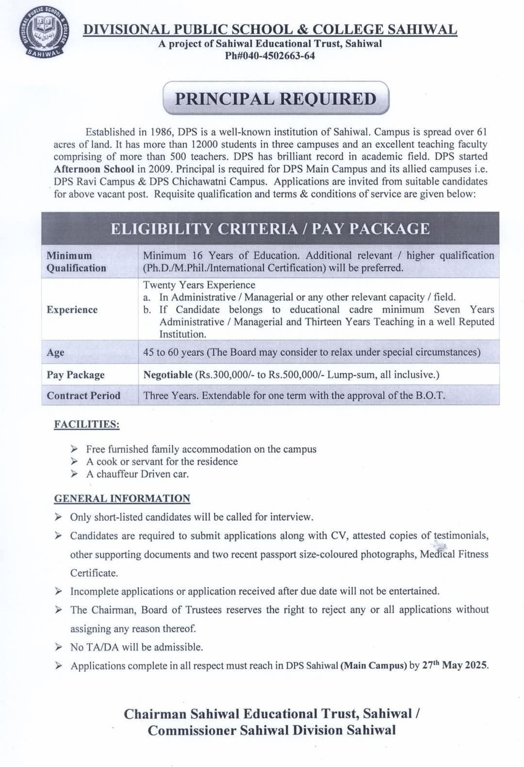 Principal Job at DPS Sahiwal – Apply Now - JOBS CORNAR