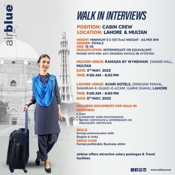 Latest Walk-in Interviews by Airblue for Cabin Crew