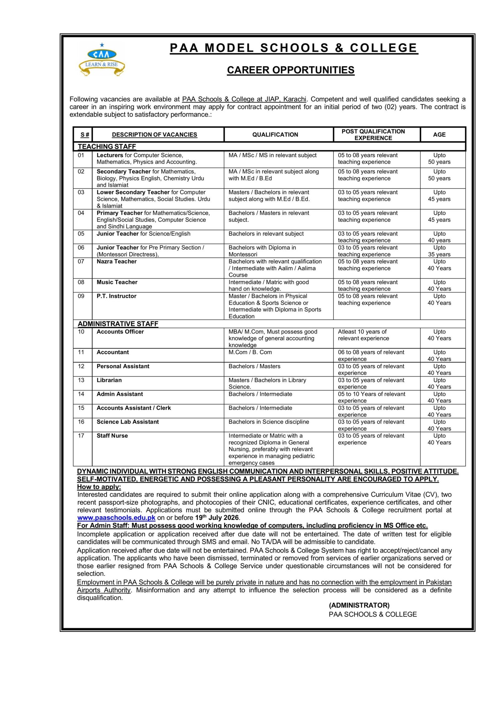 Jobs in Karachi by PAA Schools & College 2026 Apply Now